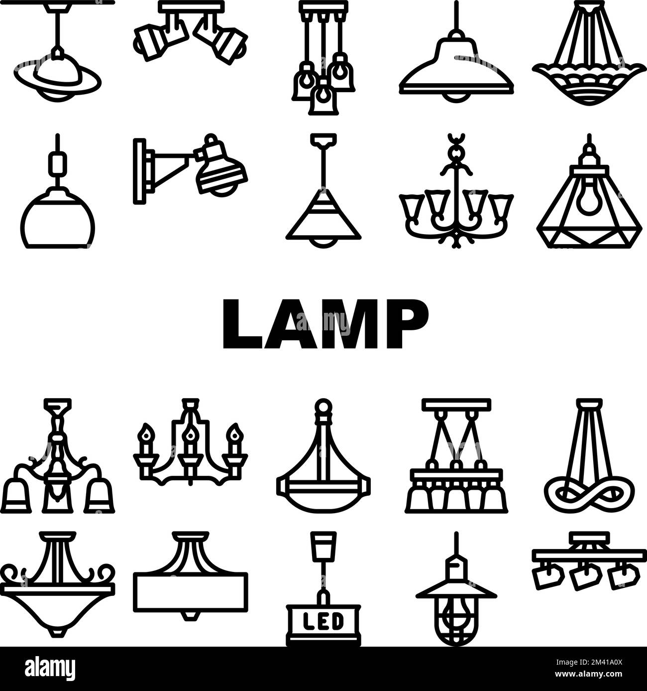 lamp ceiling light interior home icons set vector Stock Vector Image ...
