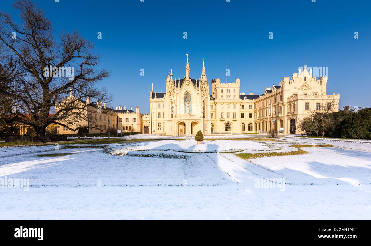 The Lednice castle panorama in snow, winter. Beautiful old historical ...