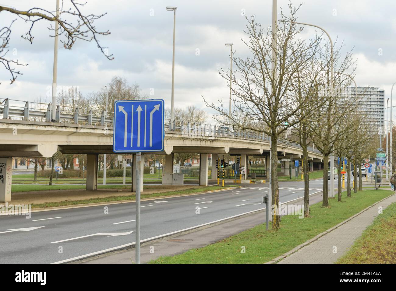 Road sign-three different direction lanes. Sign on the road for three ...