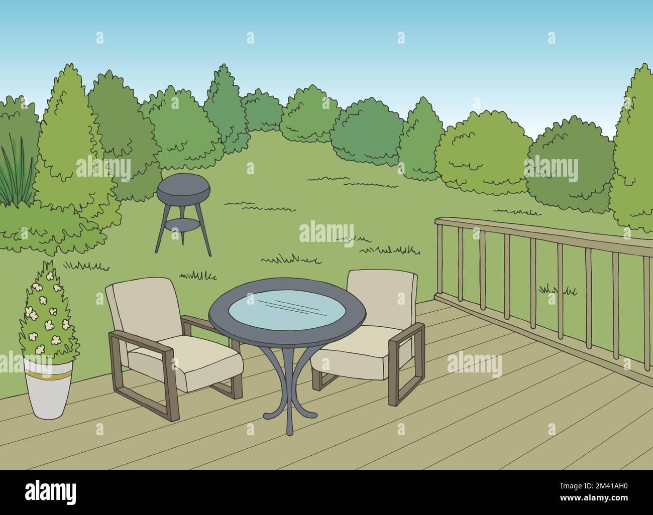 Backyard deck garden graphic color sketch illustration vector Stock ... Backyard deck garden graphic color sketch illustration vector Stock ...