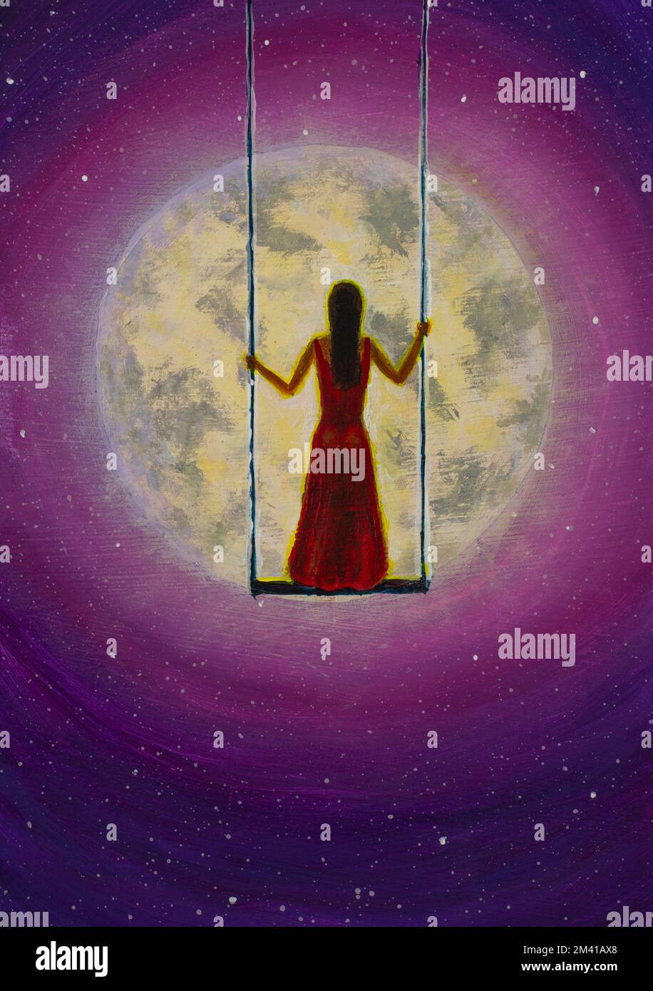 Painting Girl woman rides on swing in sky against background of ...