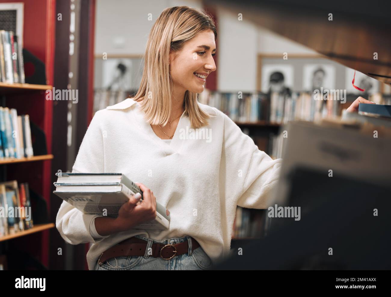 University library and woman student with books for knowledge, studying ...
