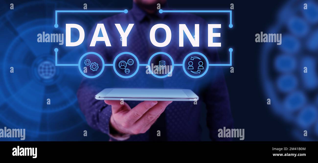 Hand writing sign Day One. Internet Concept Start moment First step ...