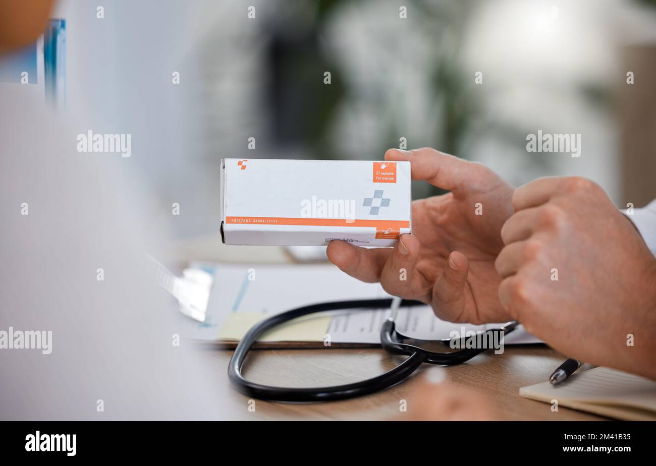 Hand, doctor and pills for healthcare, medicine and treatment in office ...