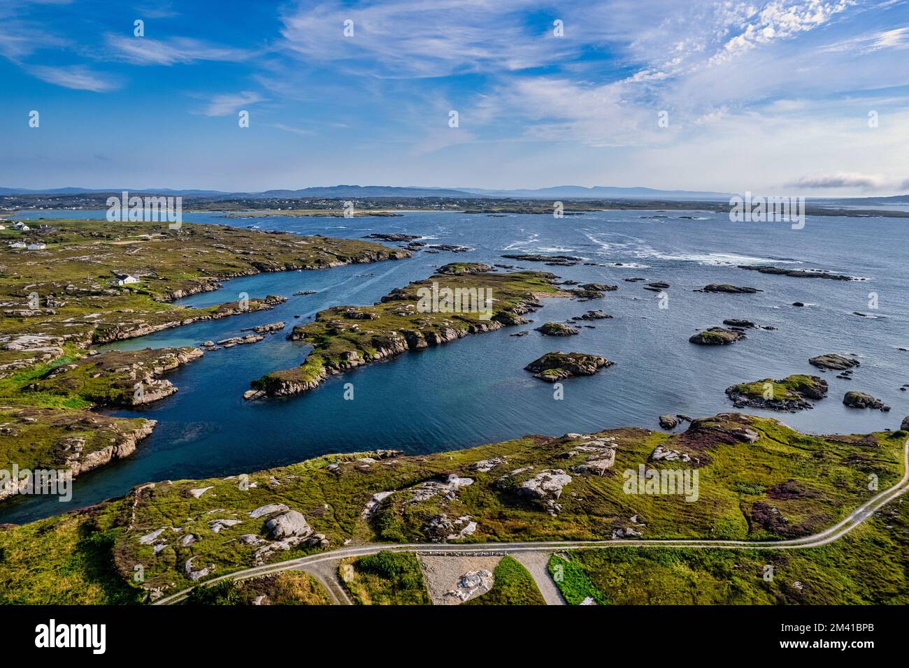 An aerial shot of the shore and the sea in the County Donegal in ...