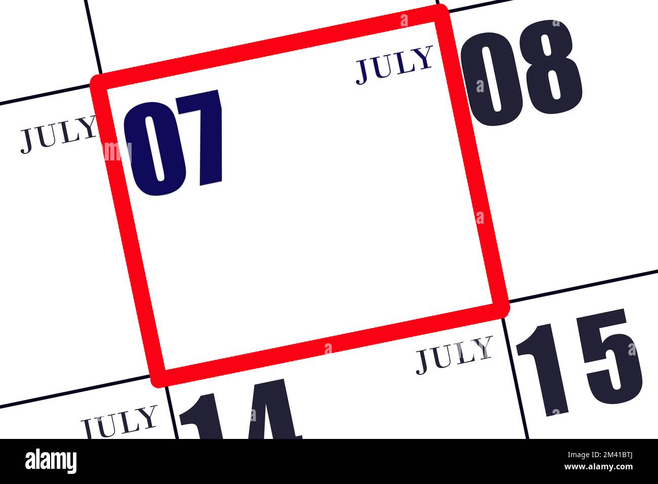 Date 7 July in a frame on the calendar, mockup, copy space. Calendar ...