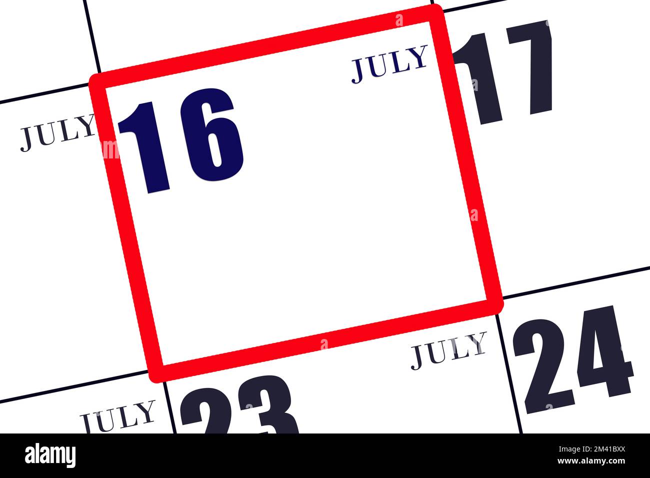 Date 16 July in a frame on the calendar, mockup, copy space. Calendar ...