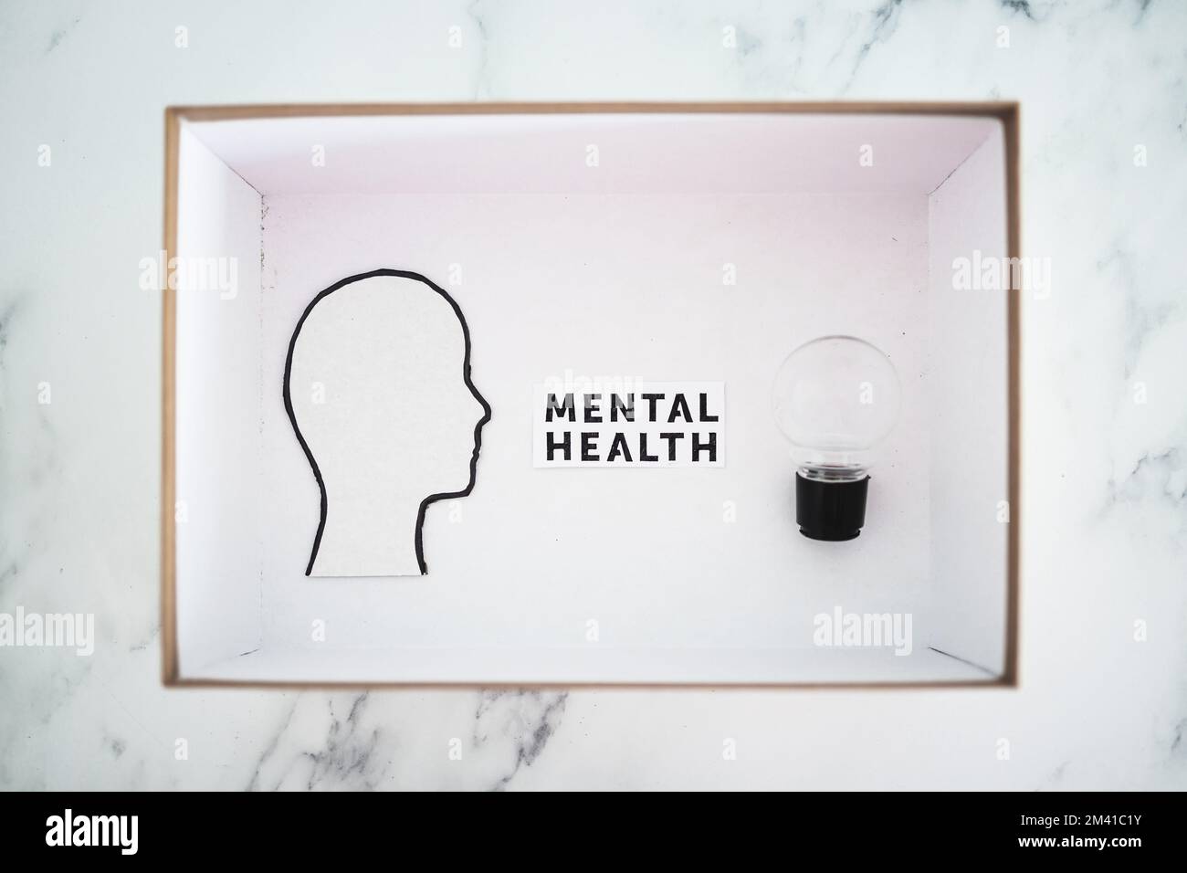mental health text in box next to cardboard head with light bulb ...