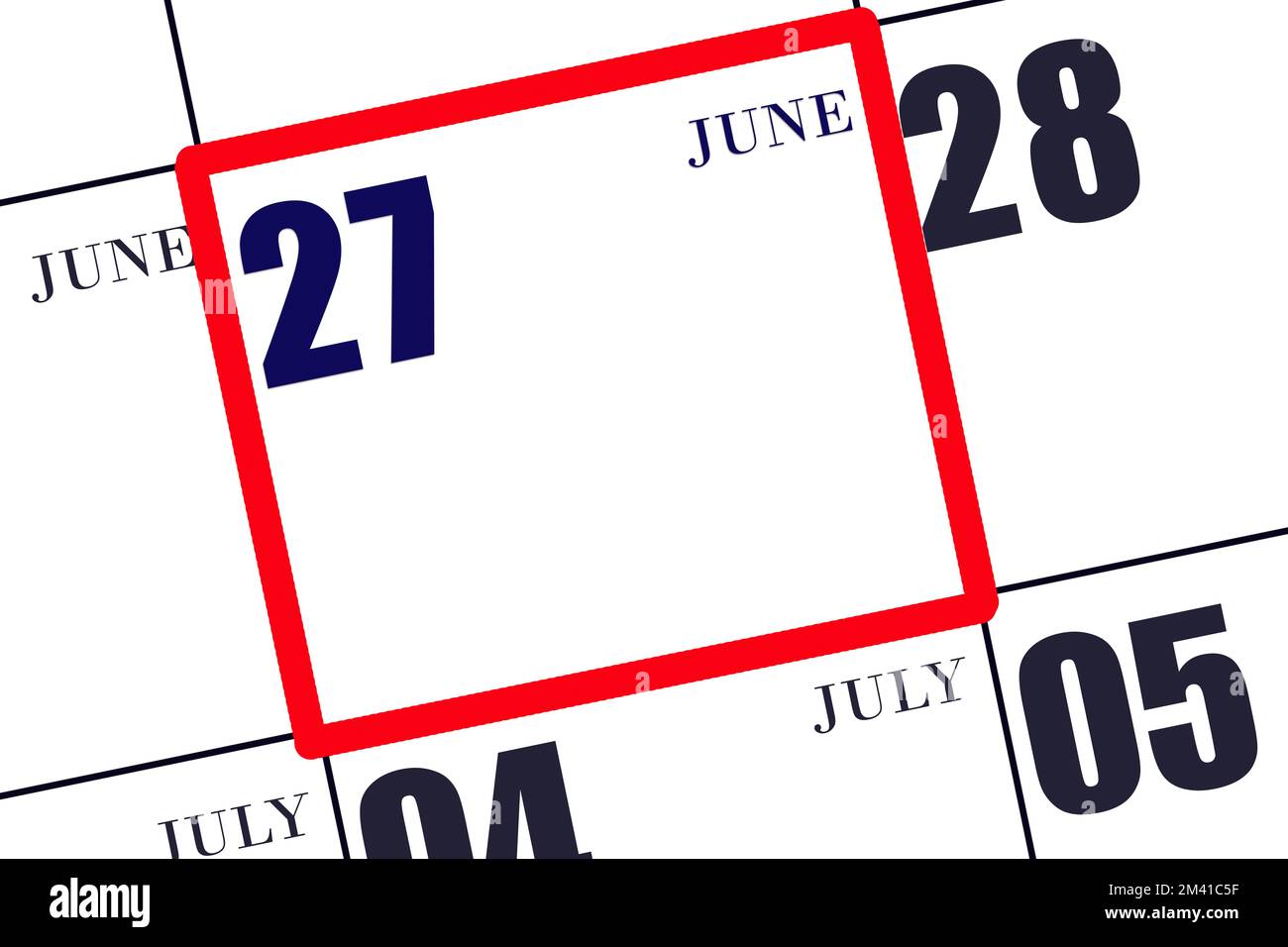 Date 27 June in a frame on the calendar, mockup, copy space. Calendar ...