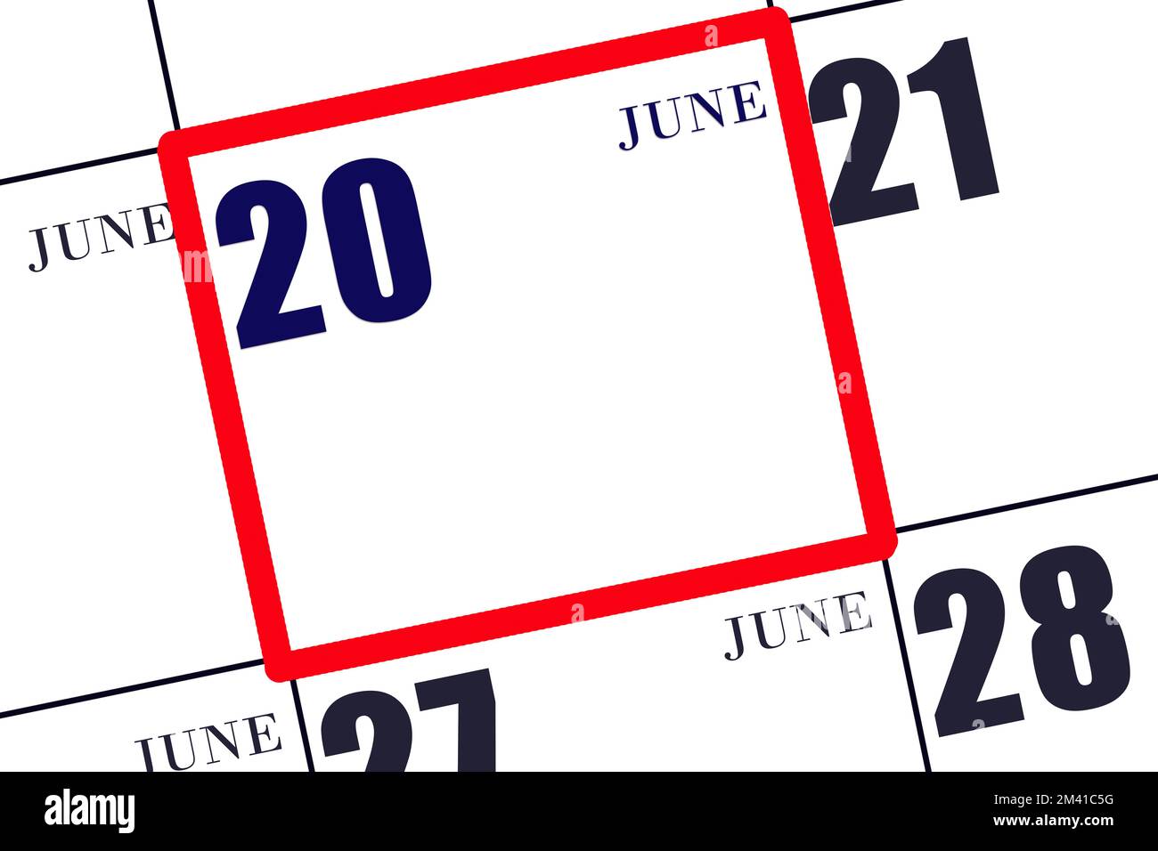 Date 20 June in a frame on the calendar, mockup, copy space. Calendar ...