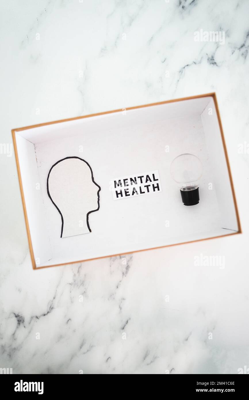 mental health text in box next to cardboard head with light bulb ...