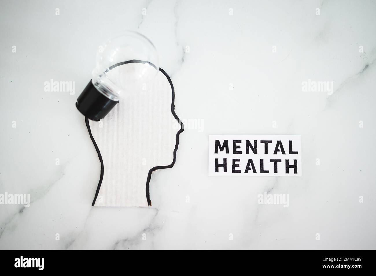 mental health text next to cardboard head with light bulb on it ...