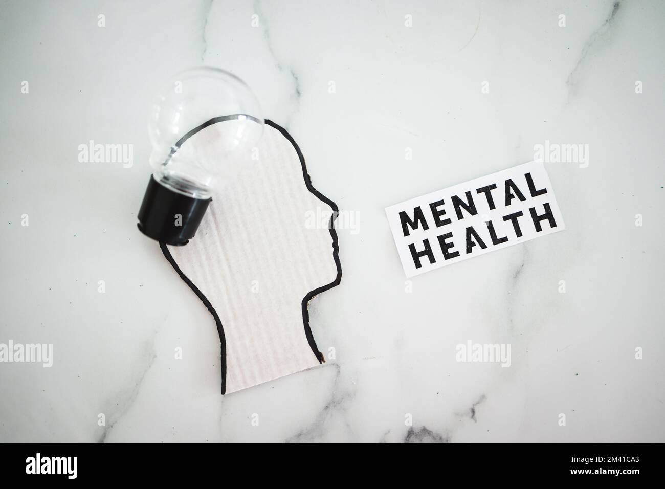 mental health text next to cardboard head with light bulb on it ...