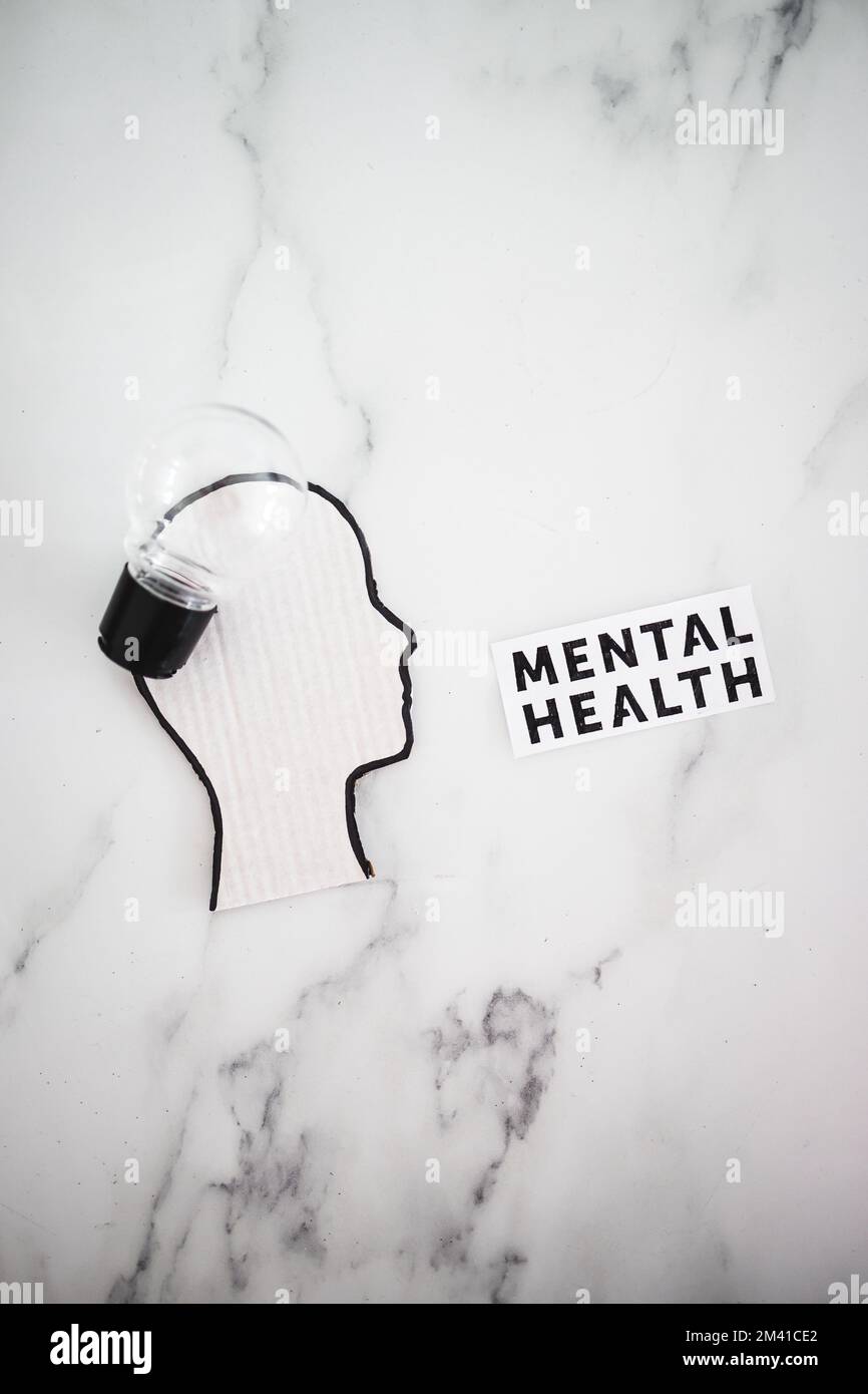 mental health text next to cardboard head with light bulb on it ...