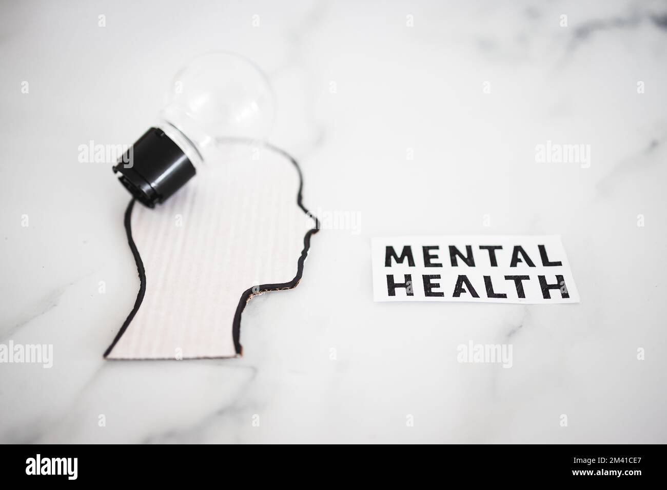 mental health text next to cardboard head with light bulb on it ...