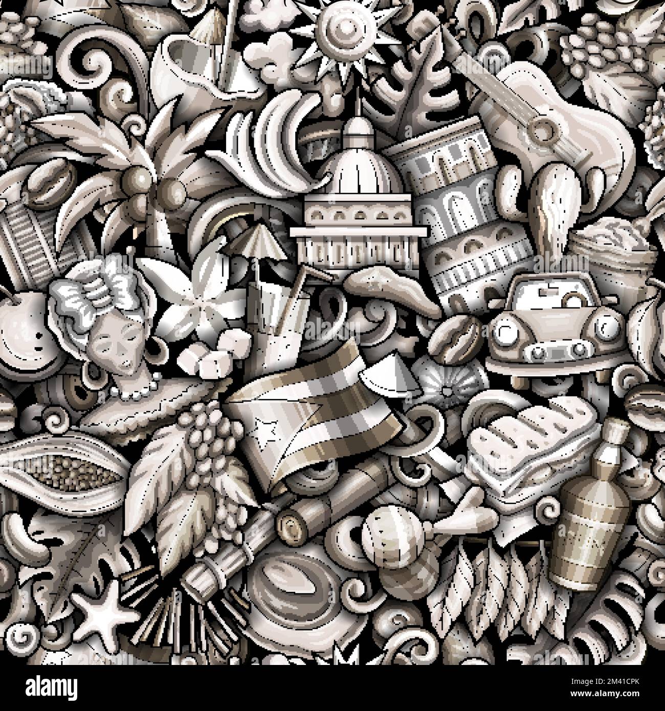 Cartoon doodles Cuba seamless pattern. Backdrop with local Cuban ...