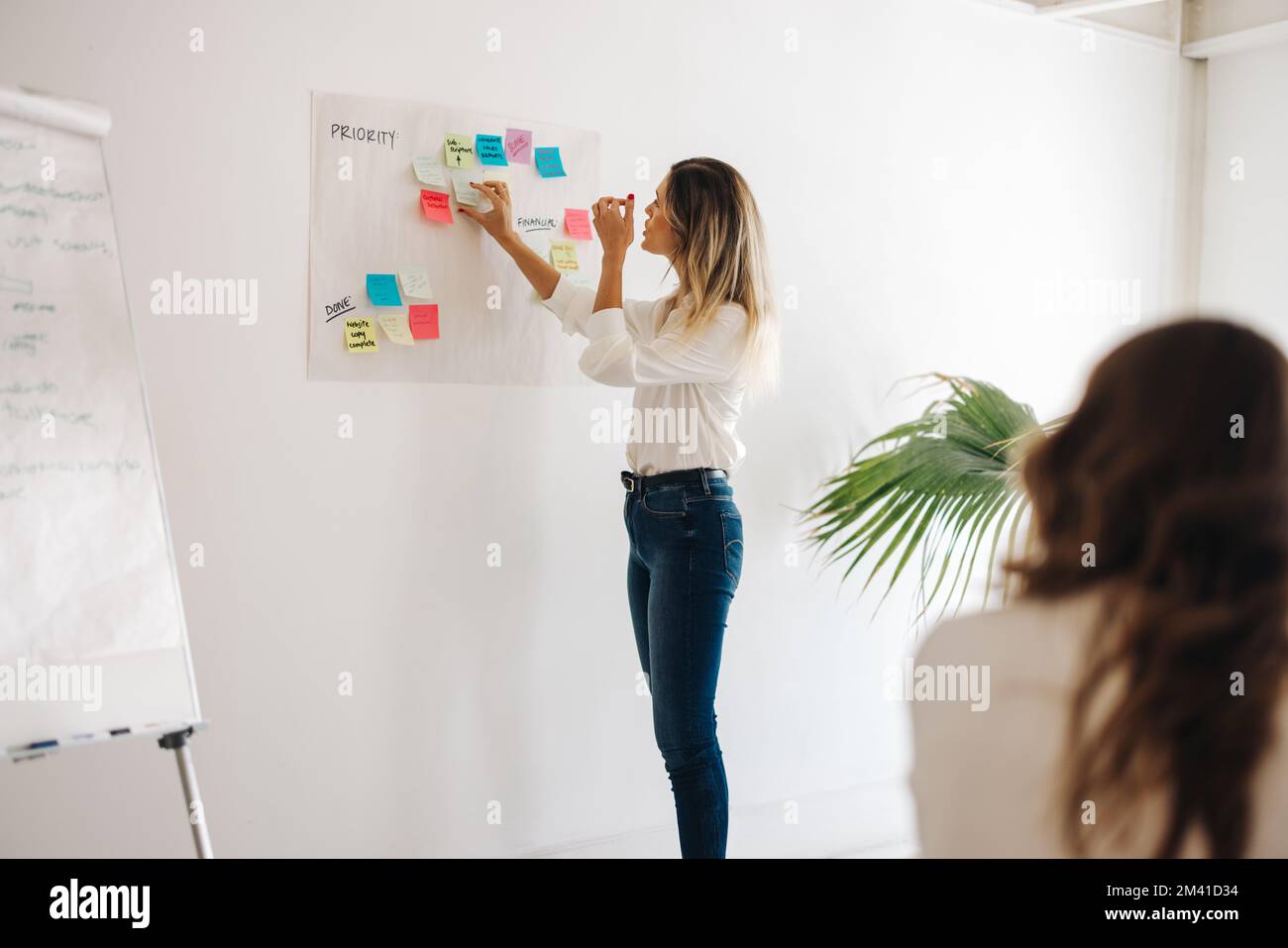 Young businesswoman doing a presentation with sticky notes in a ...