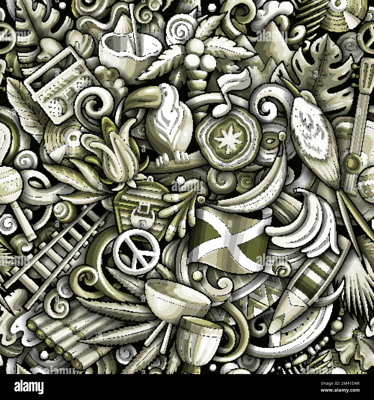 Cartoon doodles Jamaica seamless pattern. Backdrop with local Jamaican ...