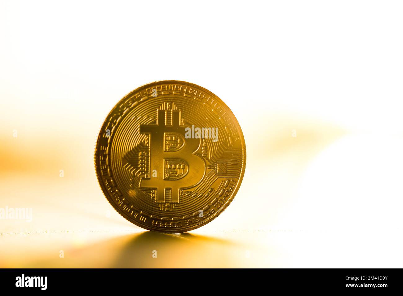 Gold bitcoin coin placed on white background in the light of sunset ...