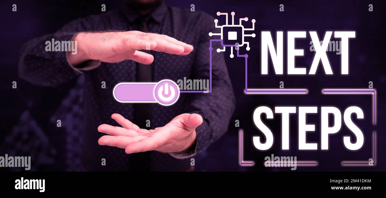 Inspiration showing sign Next Steps. Business overview numper of process going to be made after ...