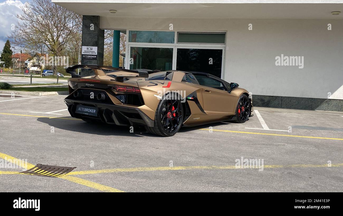 A Lamborghini Aventador SVJ brown color in front of a modern building ...