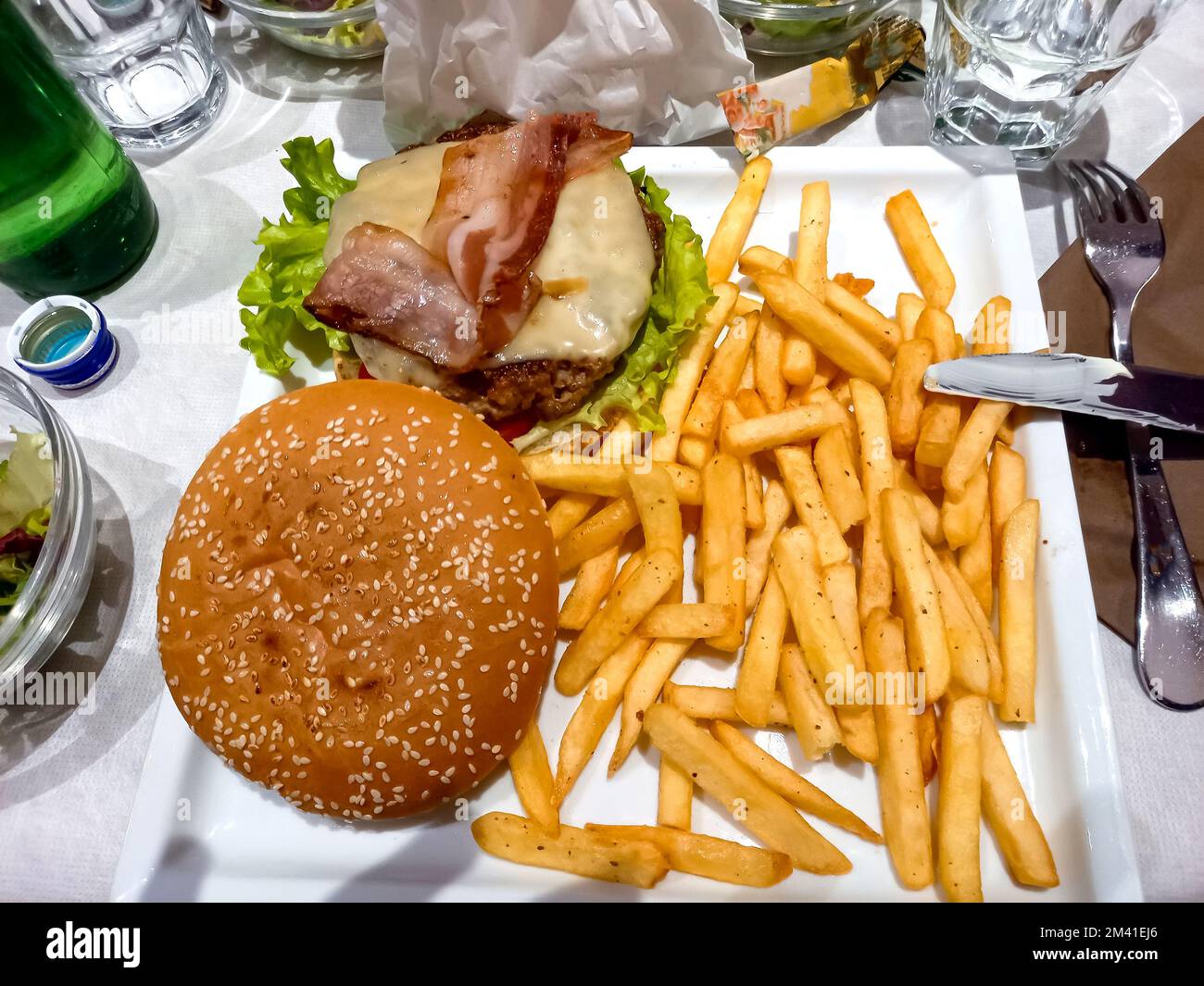 fast food lunch with meat burger and french fries Stock Photo - Alamy
