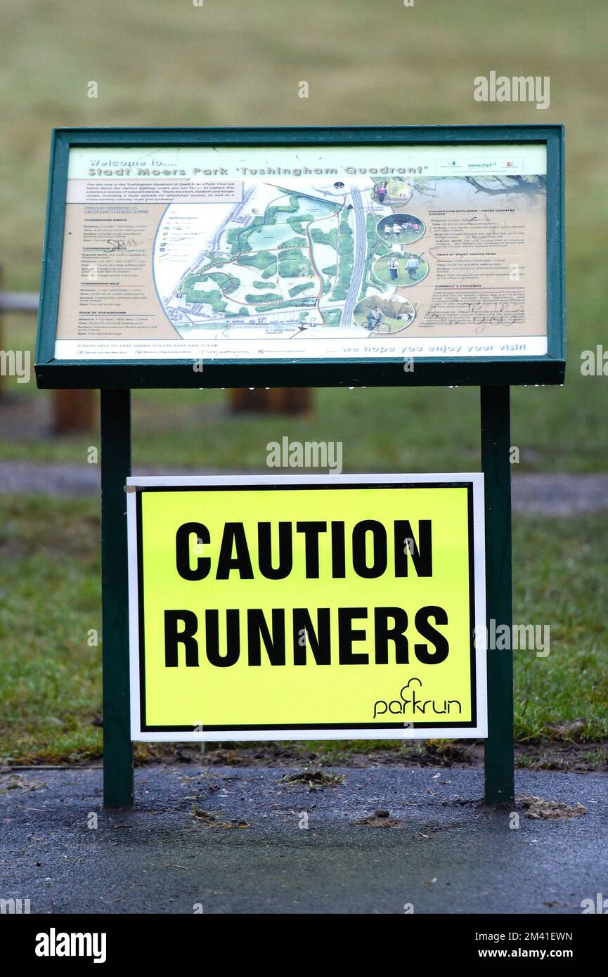 Inaugural Park Run Stadt Moers Park. 10.12.16. A sign depicting runners ...