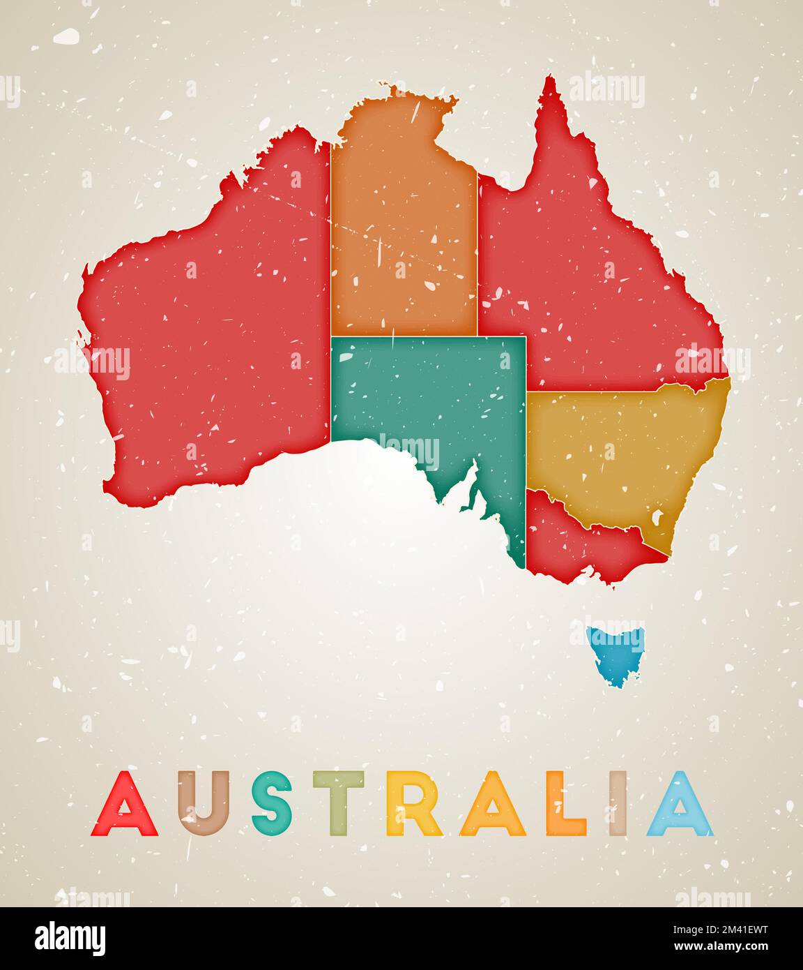Australia map. Country poster with colored regions. Old grunge texture ...