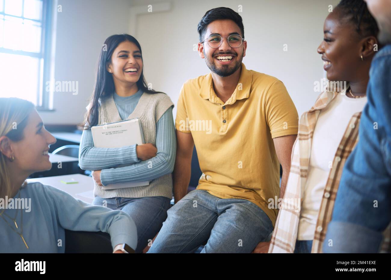 College friends, talking and happy people in school discussion for ...