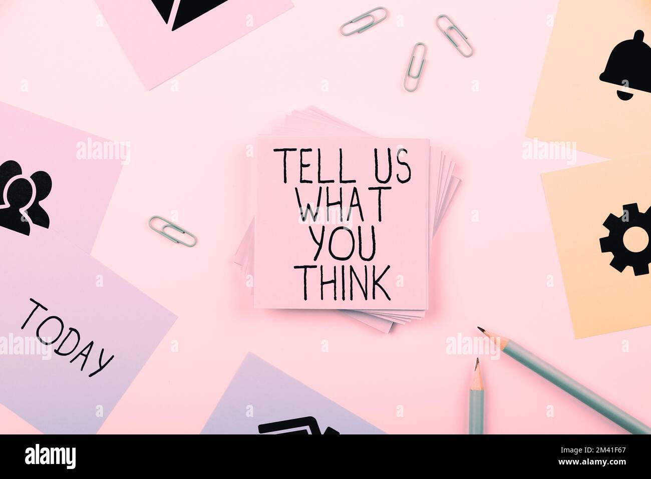 Hand writing sign Tell Us What You Think. Business idea Express your ...