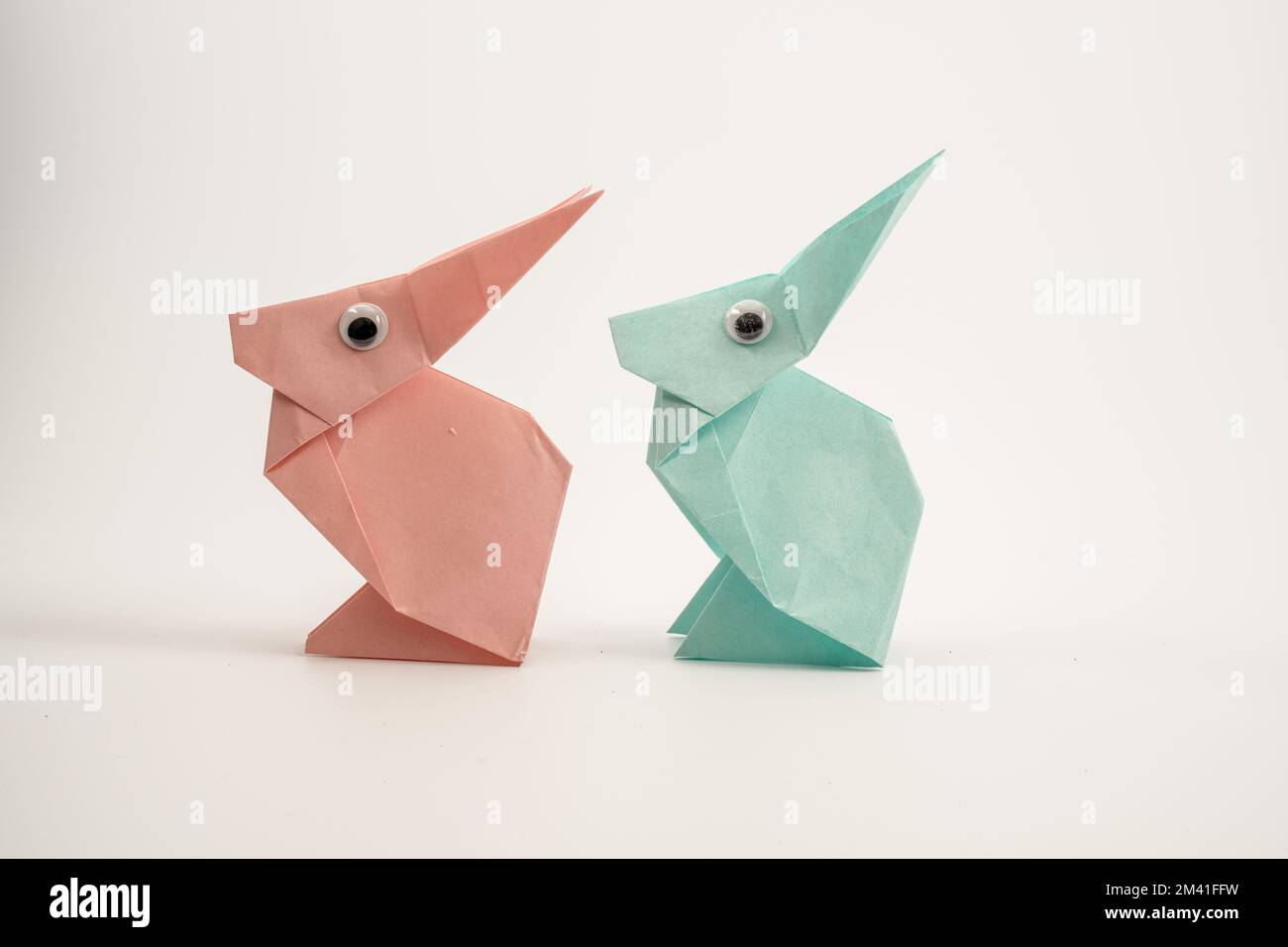 pastel pink rabbit leading the green hare isolated on a white ...