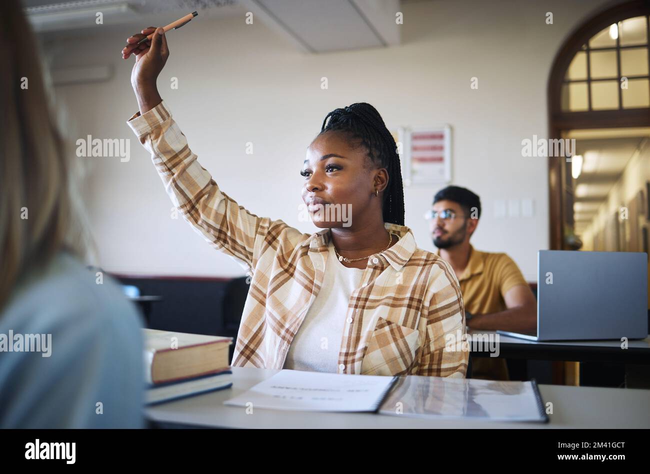 College student, black woman and hands to answer question in classroom ...