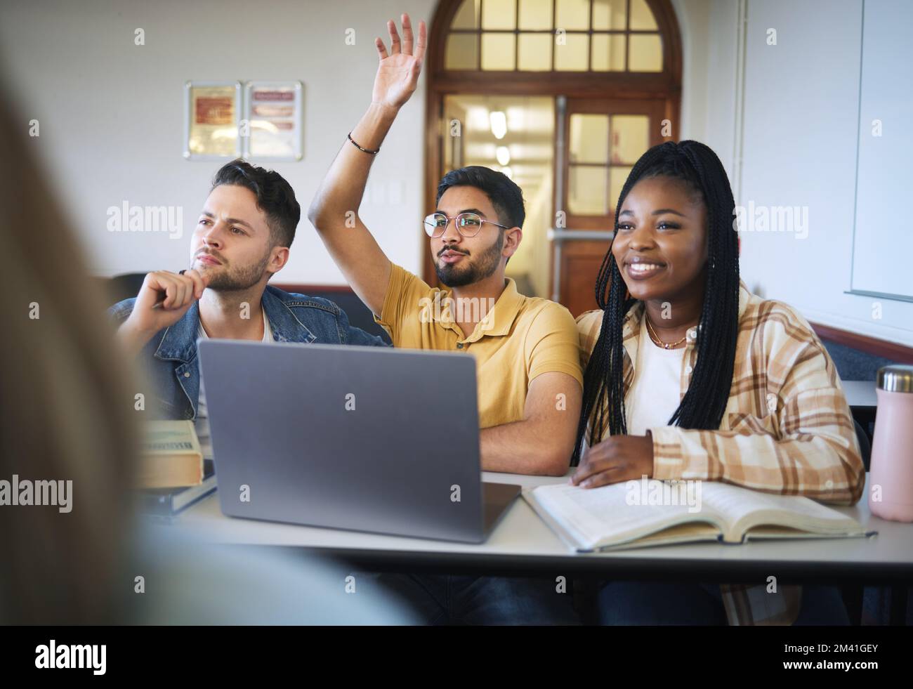 Hand, question and students group with laptop for classroom engagement ...