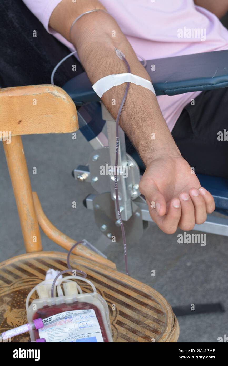 Cairo, Egypt, December 15 2022: blood volunteer donor during a blood ...