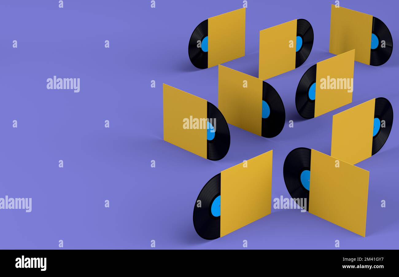 Set of vinyl LP records with cover isolated on violet background. 3d ...