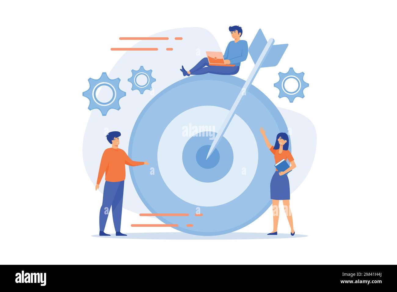Businessmen working and woman at big target with arrow. Goals and ...