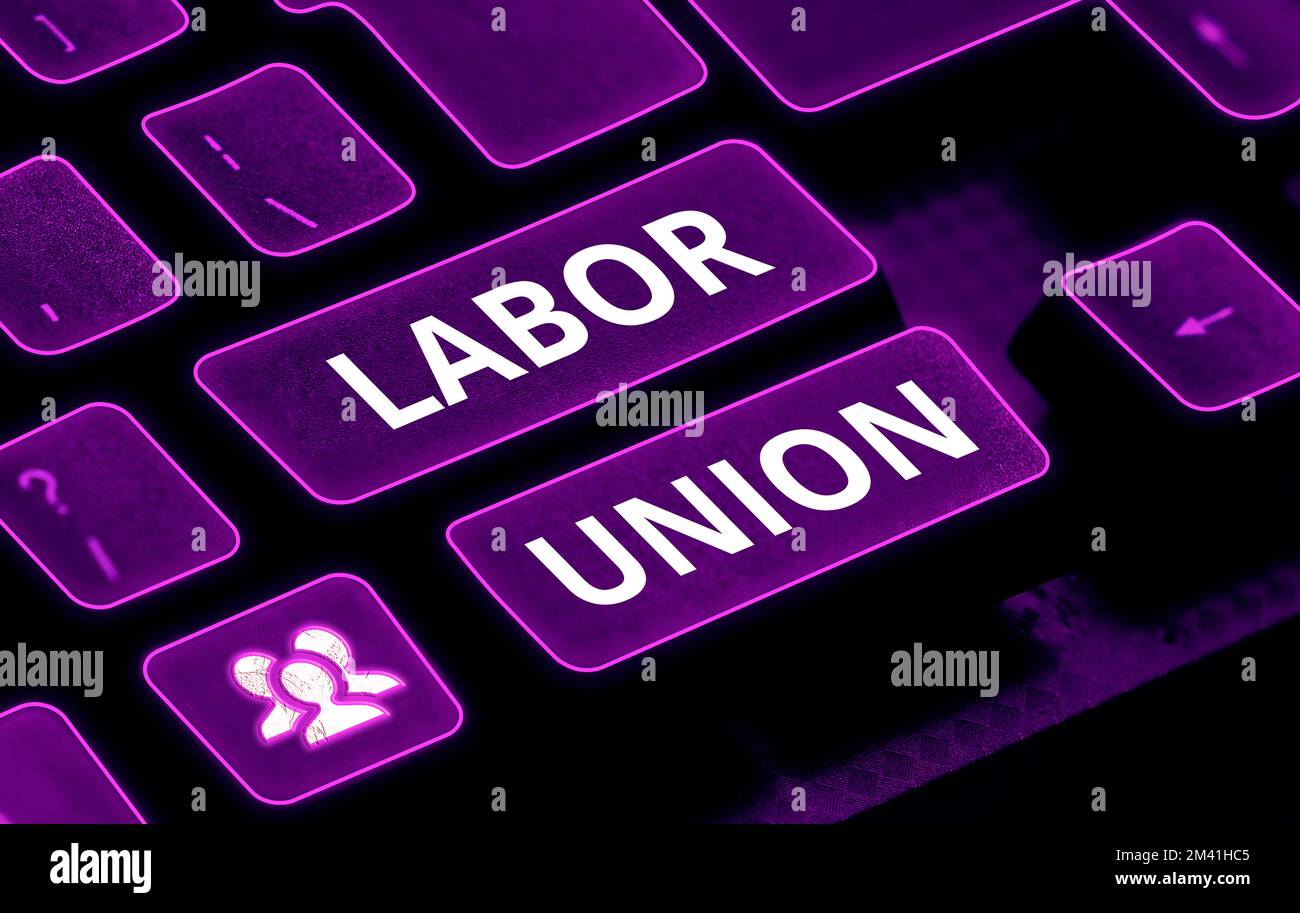 Sign displaying Labor Union. Word for rules relating to rights and ...