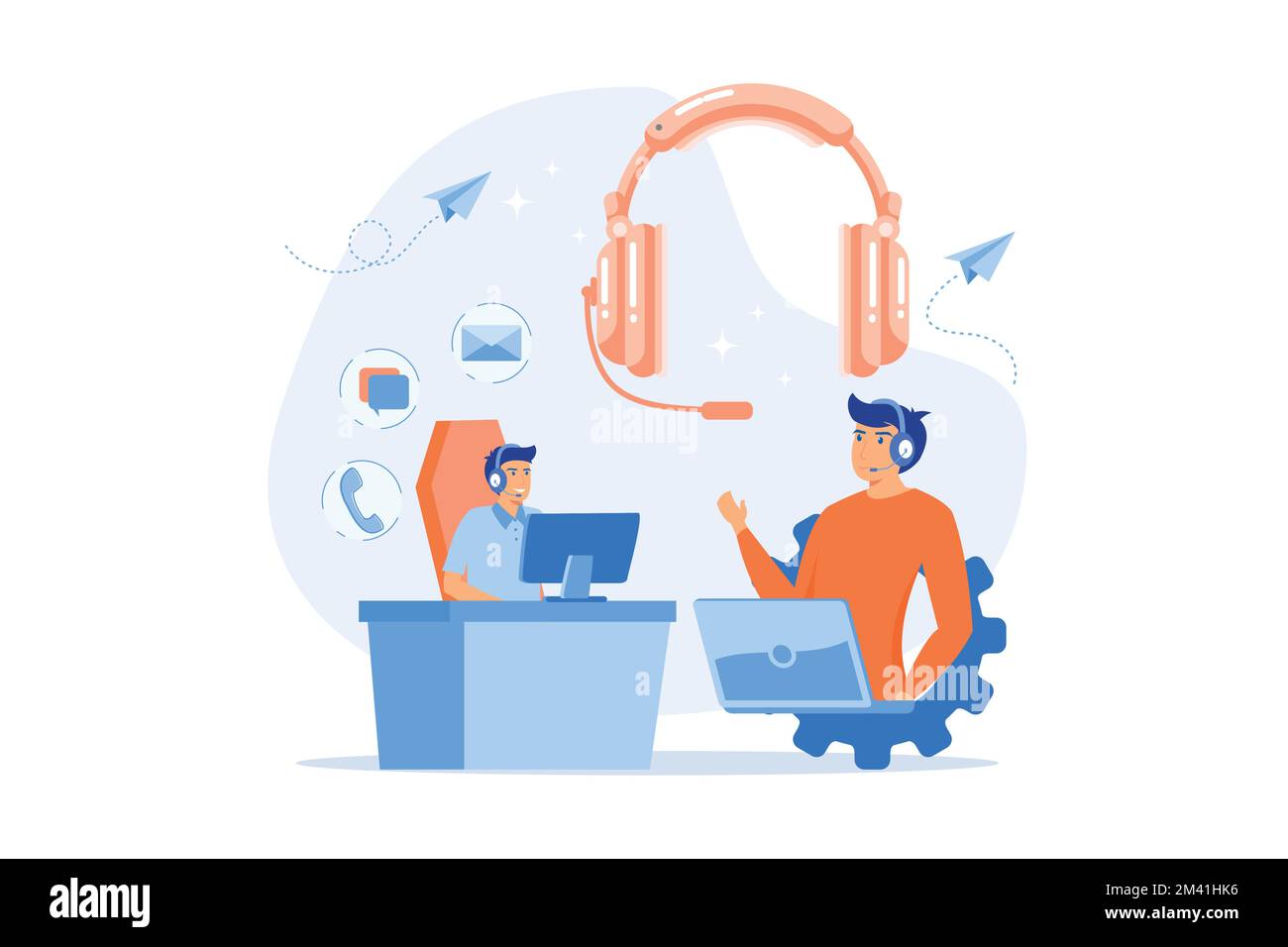 Contact center agents with headsets working at computers. Contact center, customer service point ...