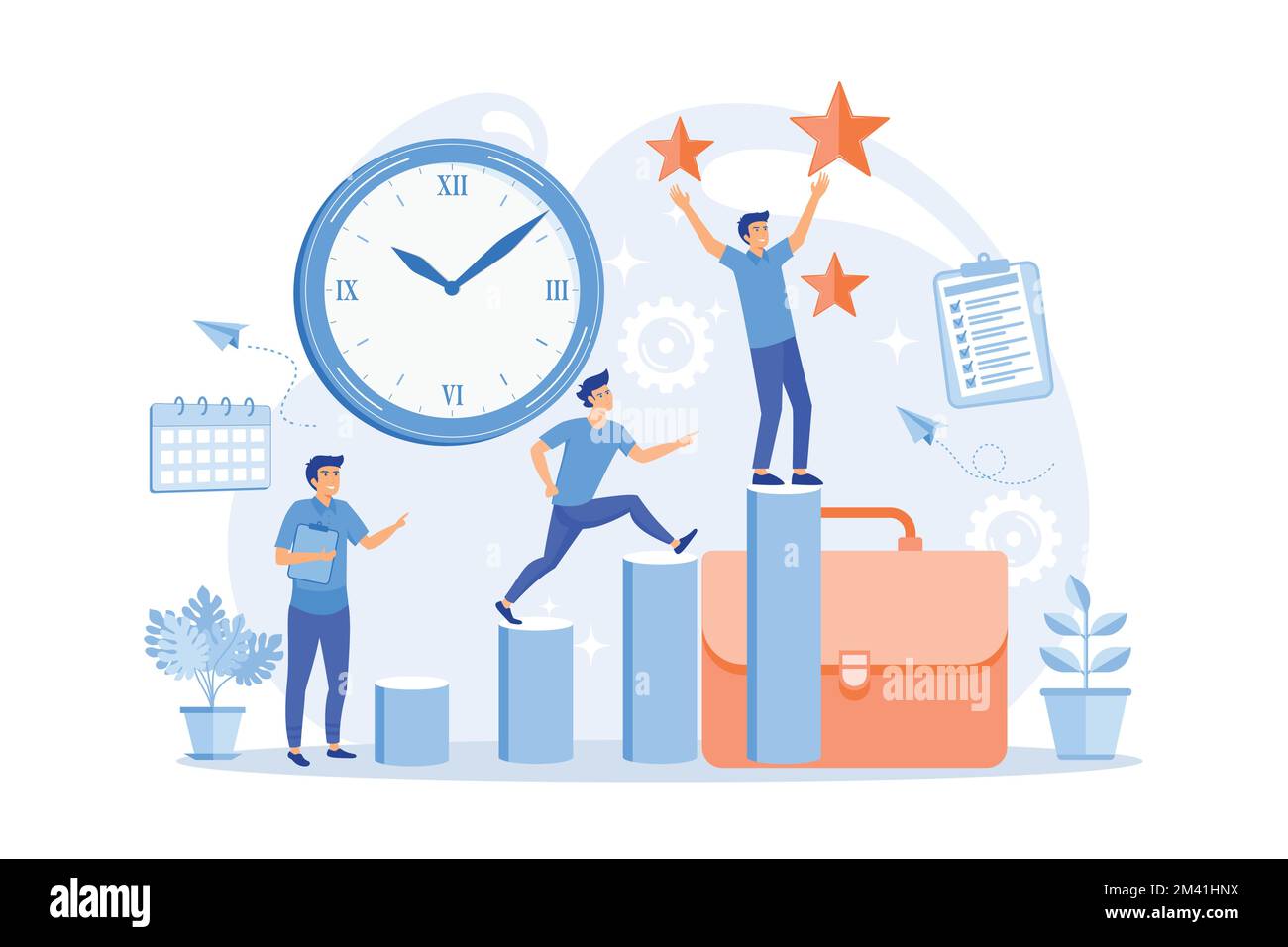 Businessman sets goals and runs up on graph columns for success on time. Self-management, self ...