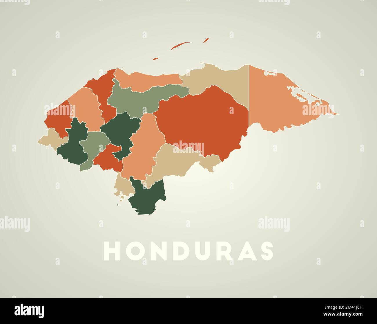 Honduras poster in retro style. Map of the country with regions in ...