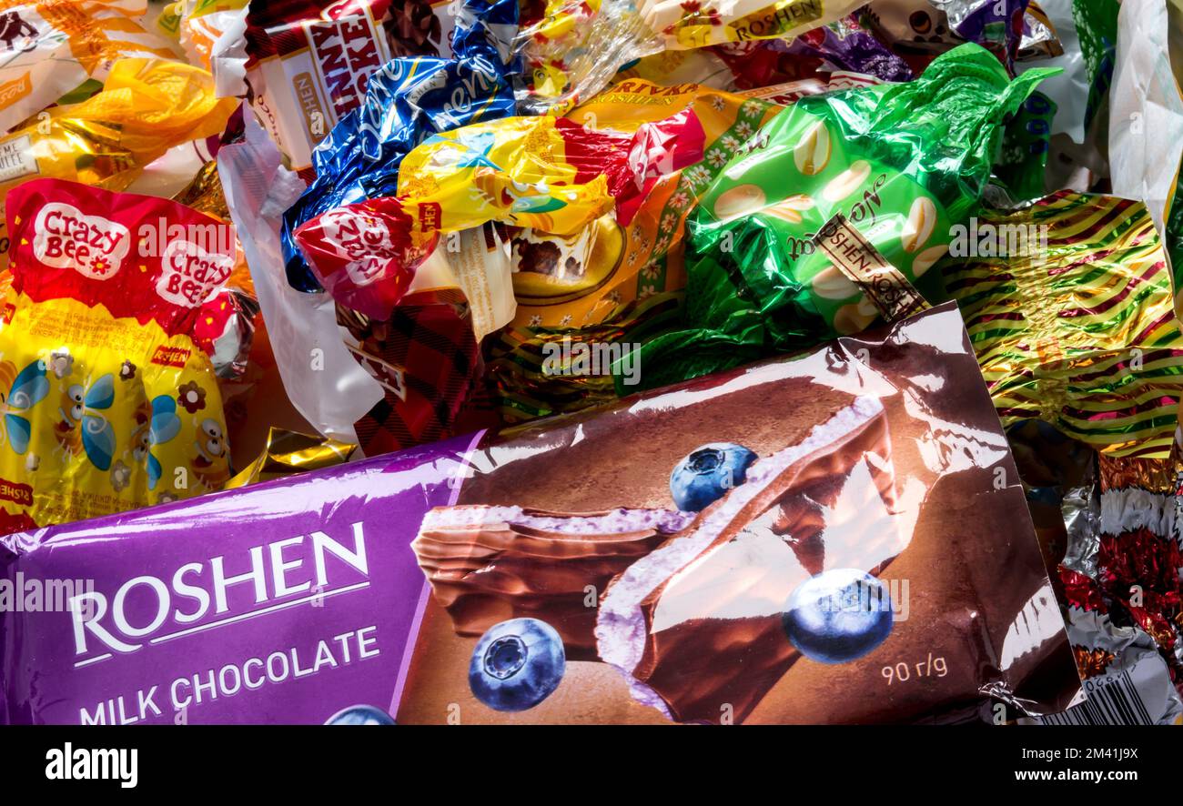 Wrappers from Roshen sweets. Roshen Confectionery Corporation is a ...