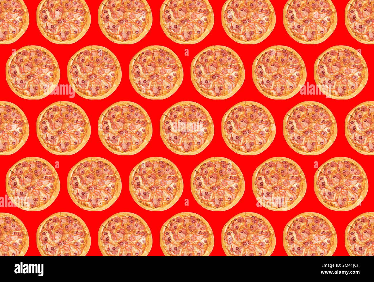 trendy colorful repeating pattern of a whole pizza on a red background ...