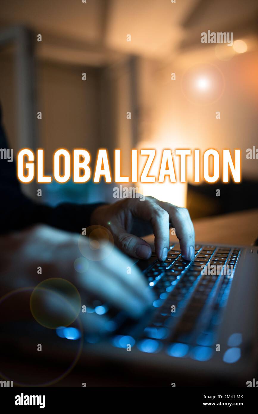 Hand writing sign Globalization. Business overview development of an ...