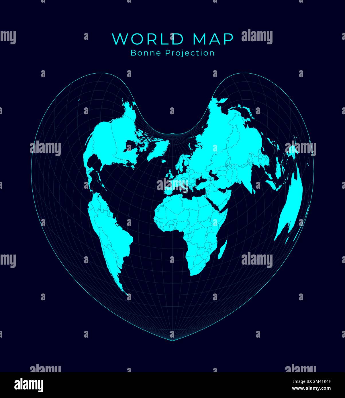 Map of the World. Bonne pseudoconical equal-area projection. Futuristic ...