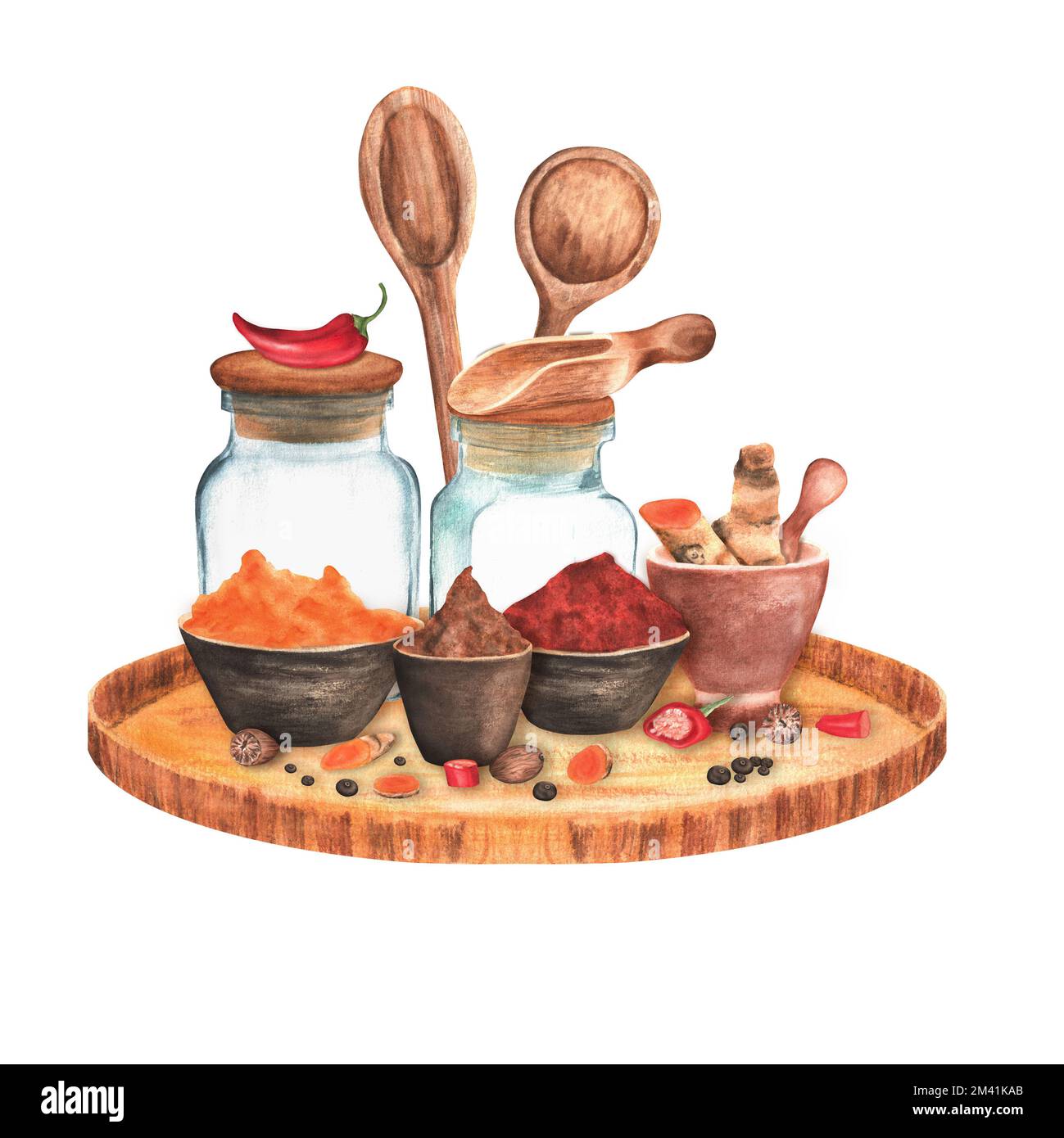 Hand-drawn watercolor kitchen composition with condiments. Turmeric ...
