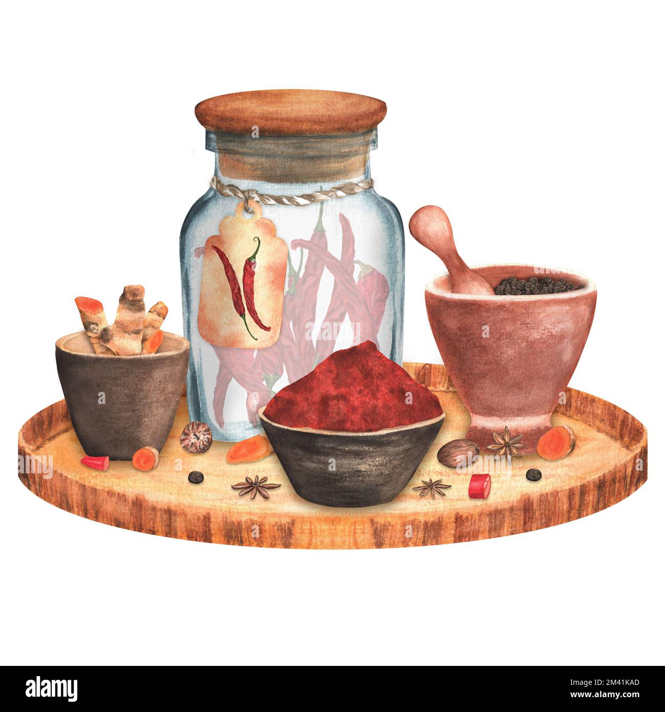 Hand-drawn watercolor kitchen composition with condiments. Turmeric ...