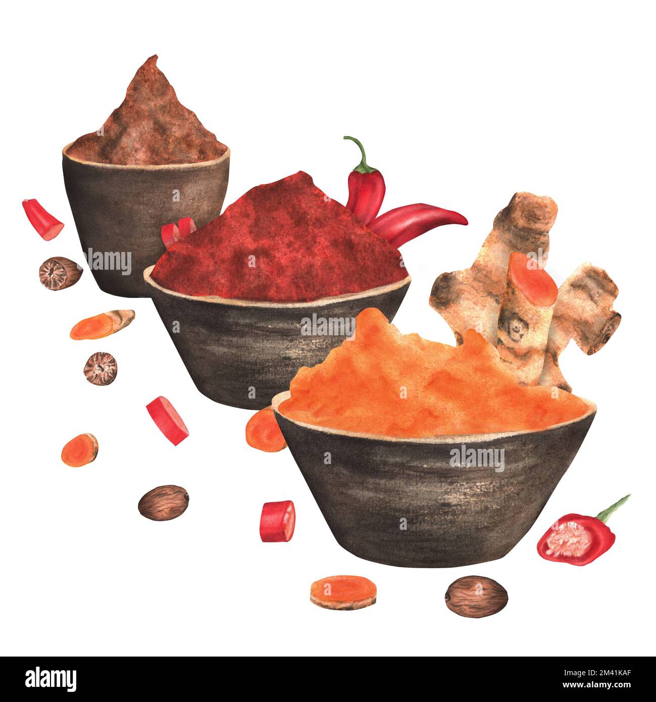 Hand-drawn watercolor ceramic bowls with turmeric, paprika and nutmeg ...