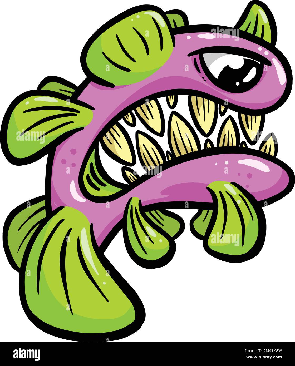 Weird Fish Deep Sea Creature with Big Teeth Cartoon Character in Vector ...
