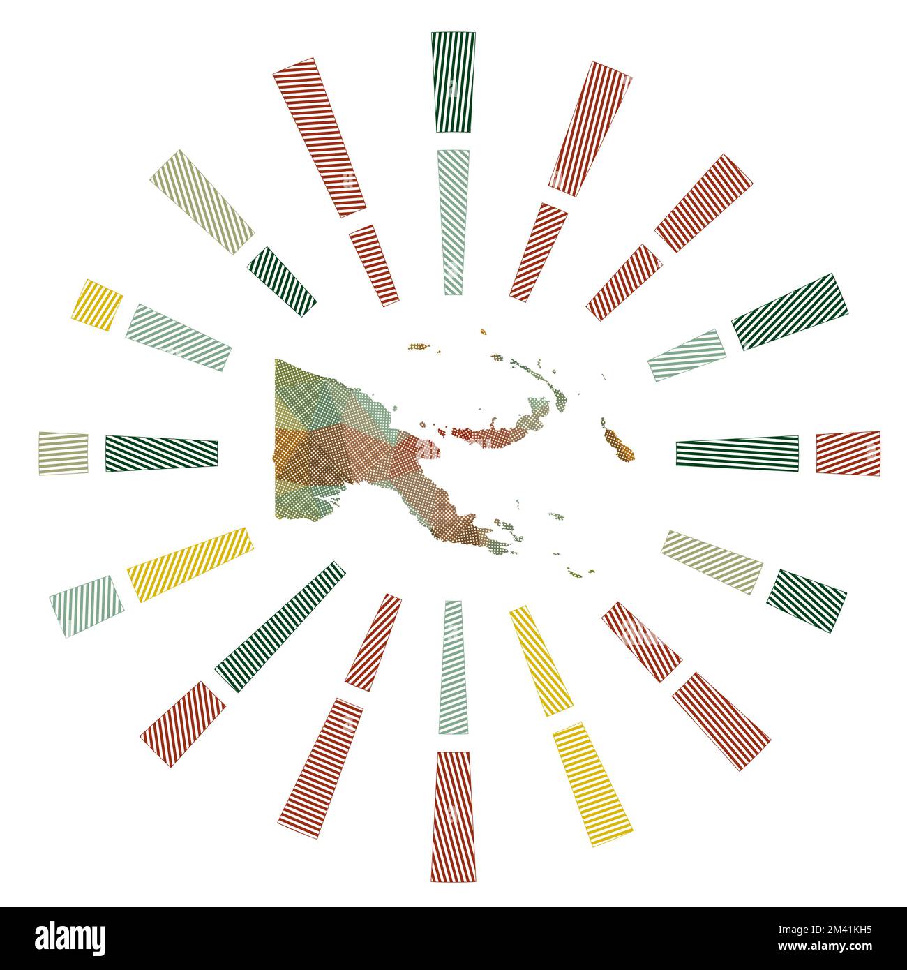 Papua New Guinea sunburst. Low poly striped rays and map of the country ...