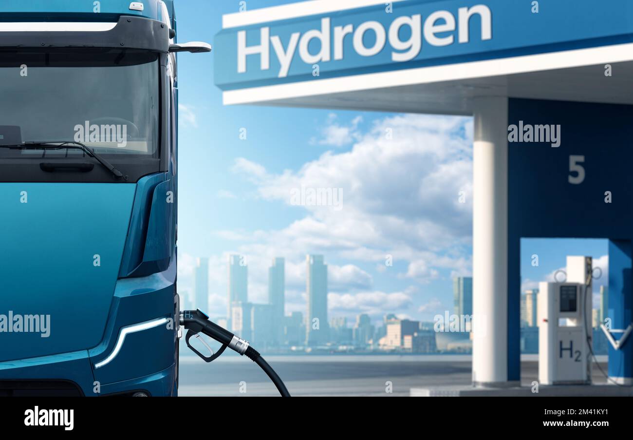 Futuristic hydrogen fuel cell truck next to filling station. Eco ...
